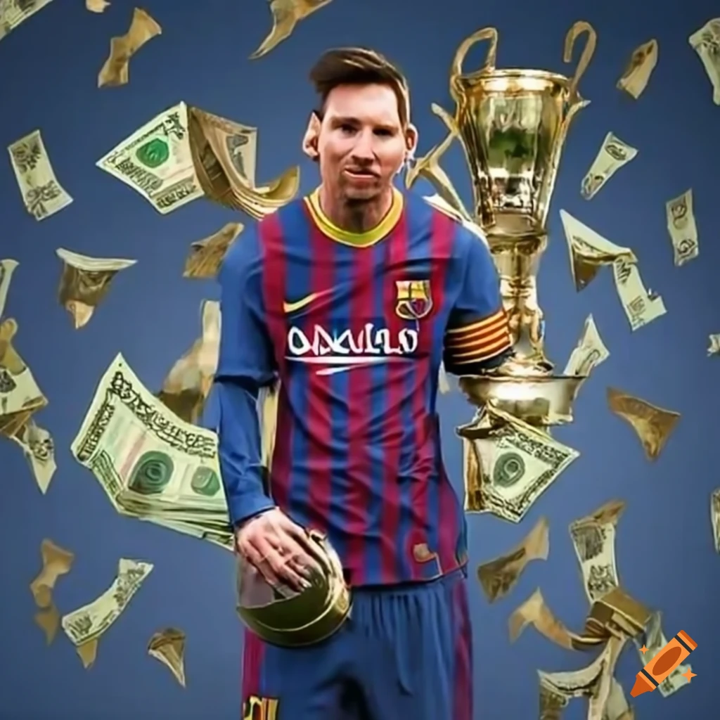 Messi with trophies, holding a GOAT, surrounded by falling money on Craiyon