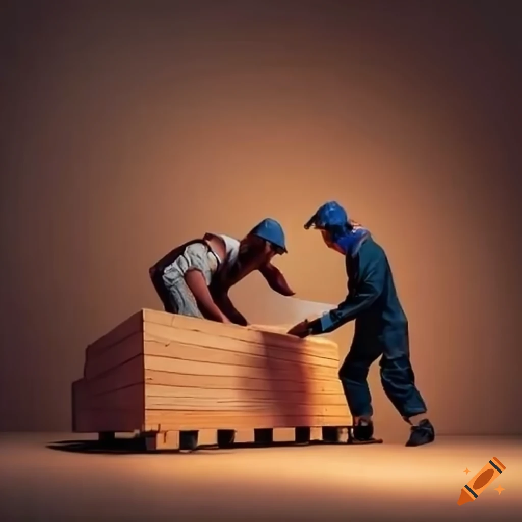 Workers transporting hardwood sheets into carpentry workshop on Craiyon