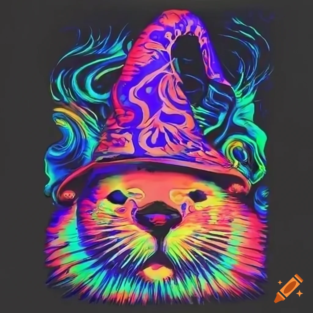 Trippy white otter in a wizard hat studying a giant magic book in ...