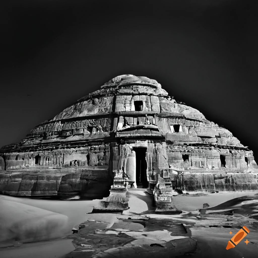 Black and white image of structures resembling ancient moon temples ...