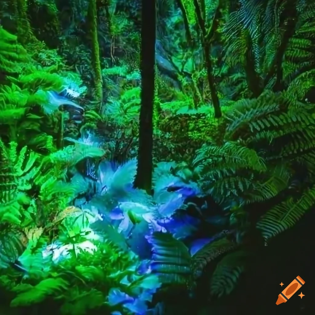 Close-up view of bioluminescent rainforest floor with neon-lit ...