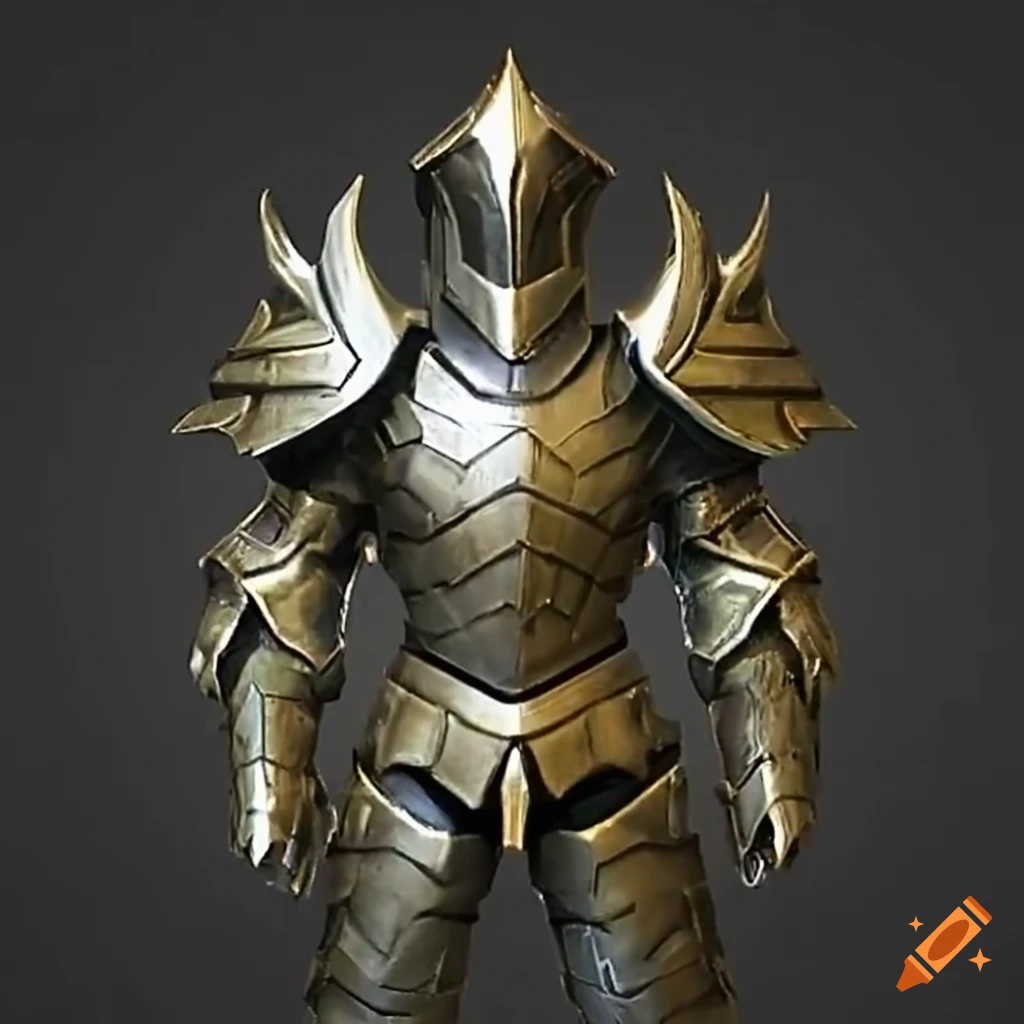 Mythic shiny fantasy master steel armor front view with symmetry on Craiyon