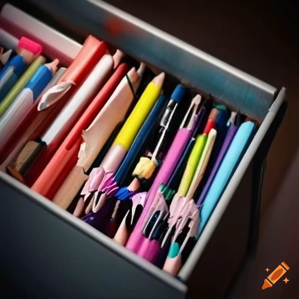 Organized pens, erasers, pencils, and stationery sets in a drawer on ...