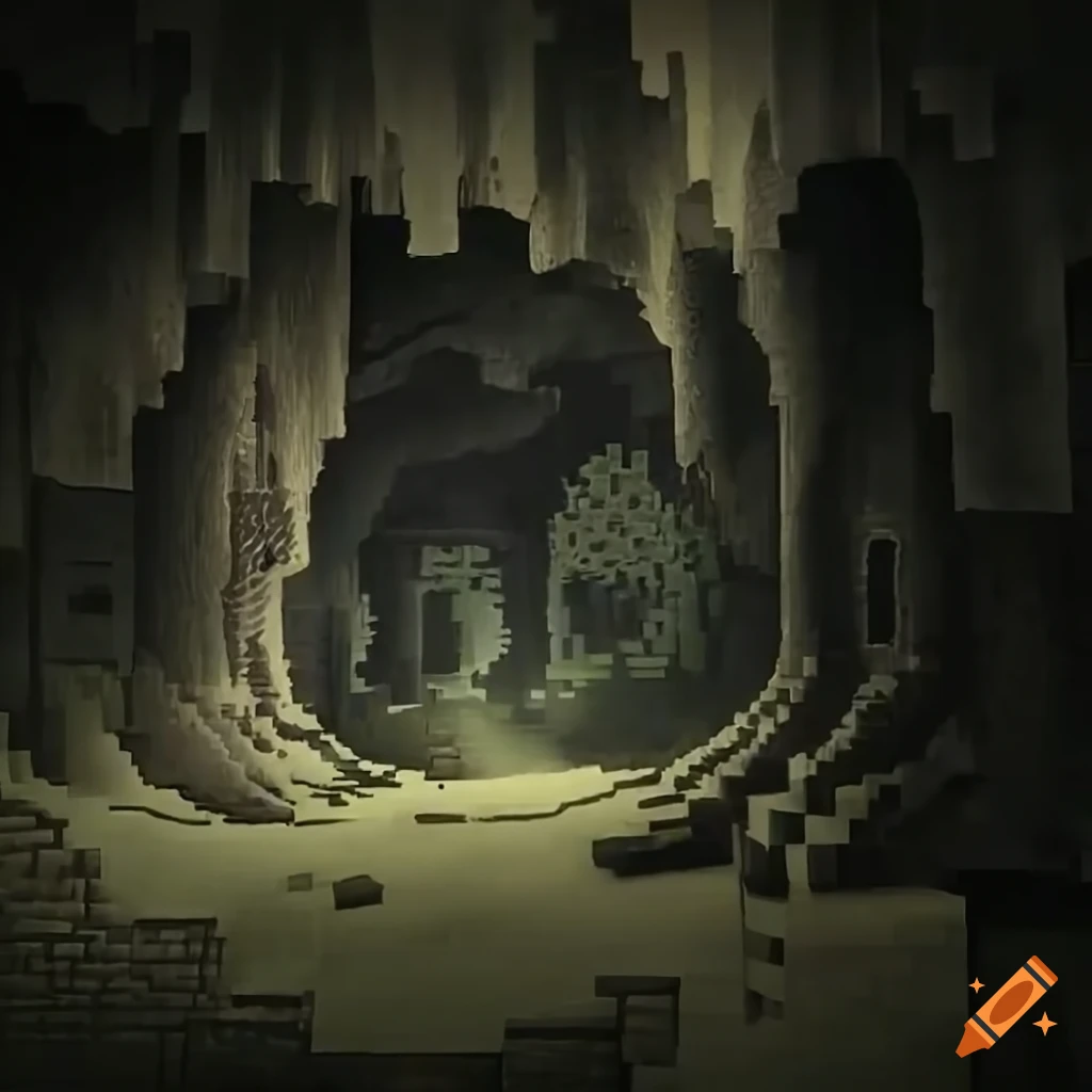 Chinese ink painting of a Minecraft landscape with zombie and skeleton ...