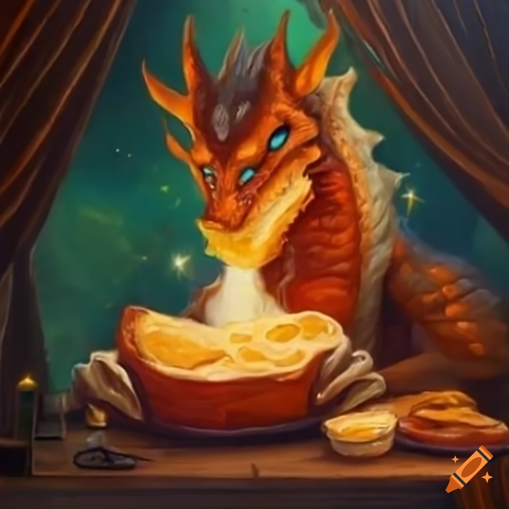 Dragon making toasted bread in a magical setting on Craiyon