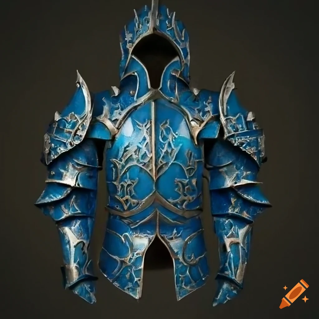 Mythic fantasy azure gothic armor made of steel with front view and ...