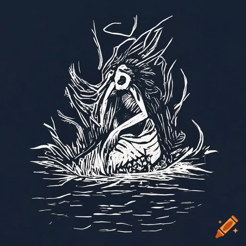 Eerie monochrome linocut etching of a sad bog creature emerging from a ...