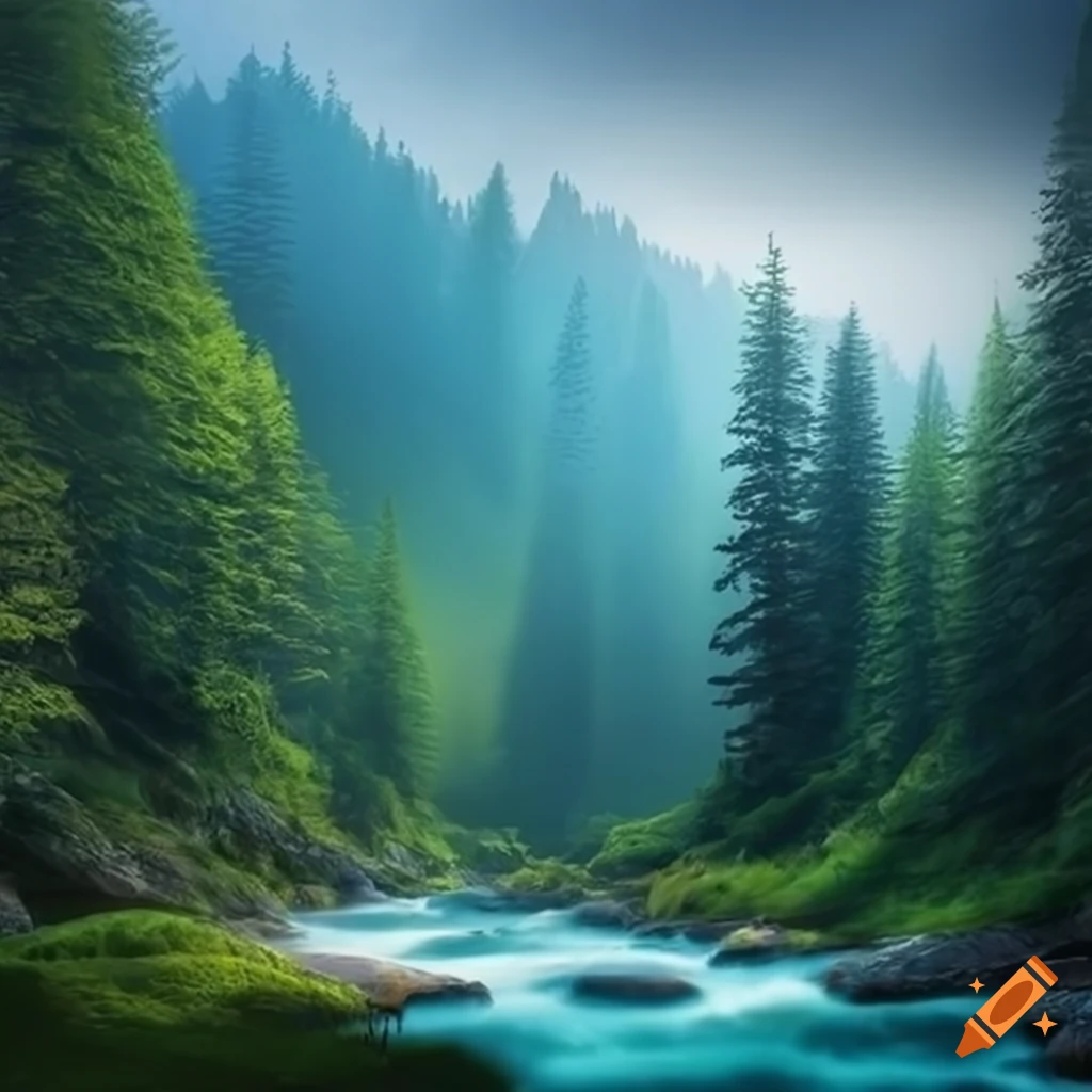 Beautiful landscape of a mountain river flowing through a forest on Craiyon