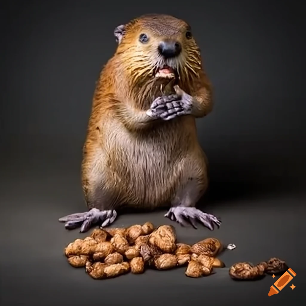 Humanoid beaver retrieving food from trash on Craiyon