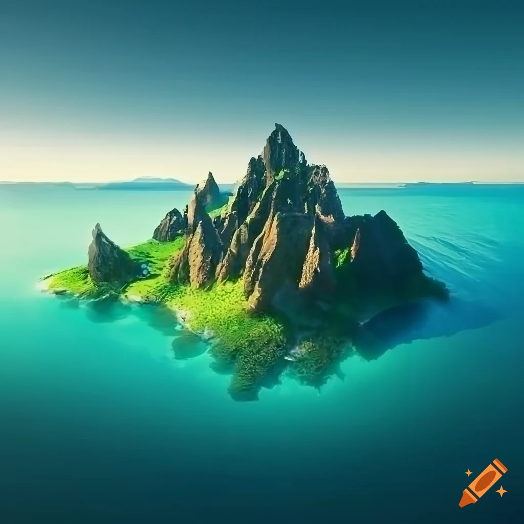 Spawn island with mountains, caves, and ocean on Craiyon