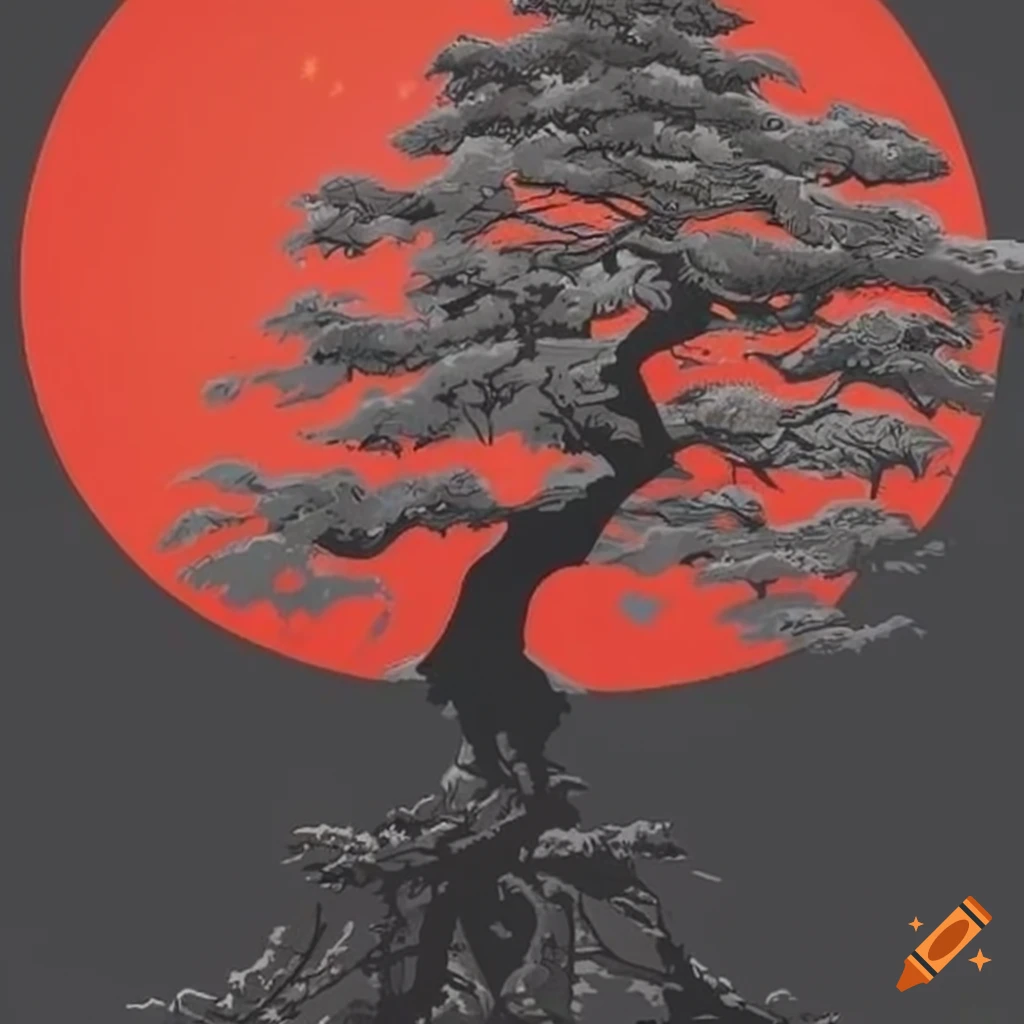 Ancient japanese style tree with a red sun on Craiyon
