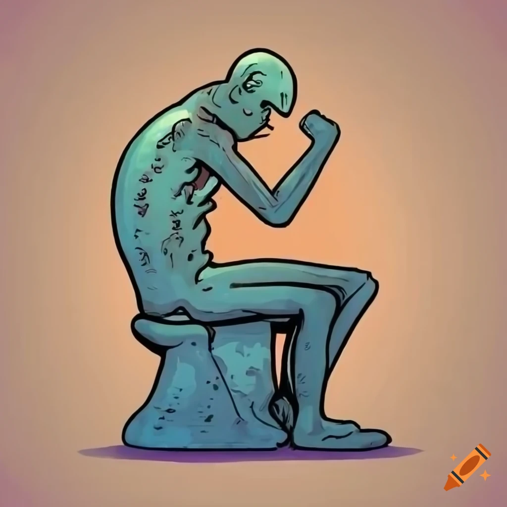 Colorful cartoon illustration of Rodin's statue The Thinker on Craiyon