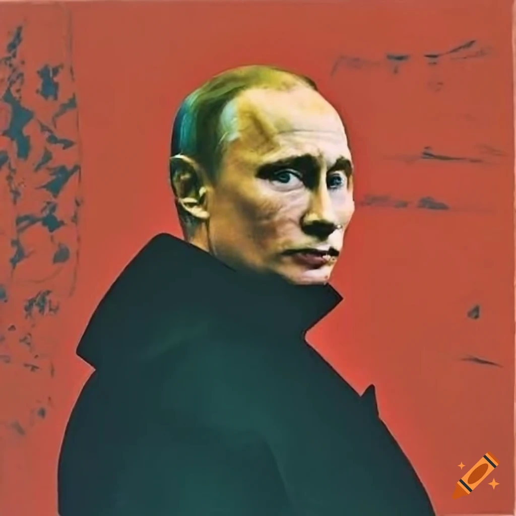 Abstract printed graphic collage art of Vladimir Putin at the Kremlin ...