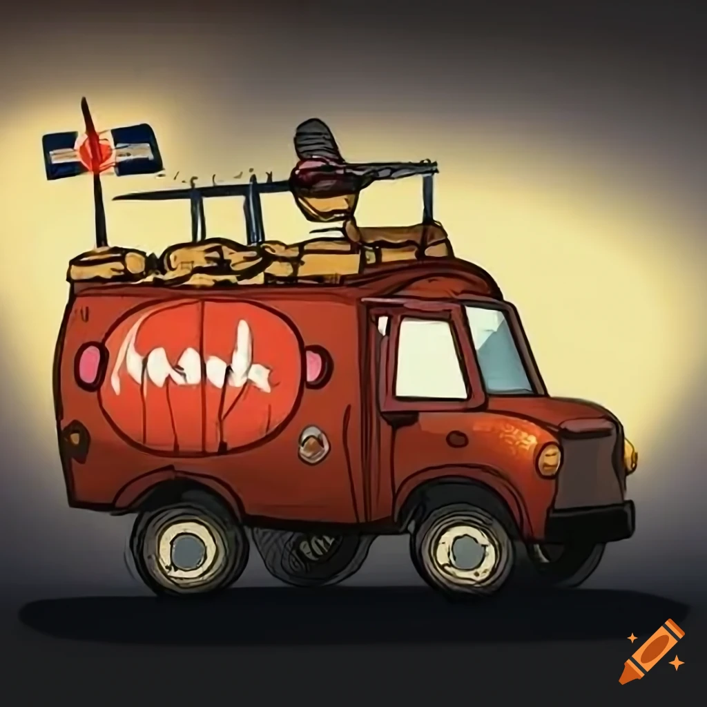 Cartoon illustration of a rickety, war-struck old ambulance van on Craiyon