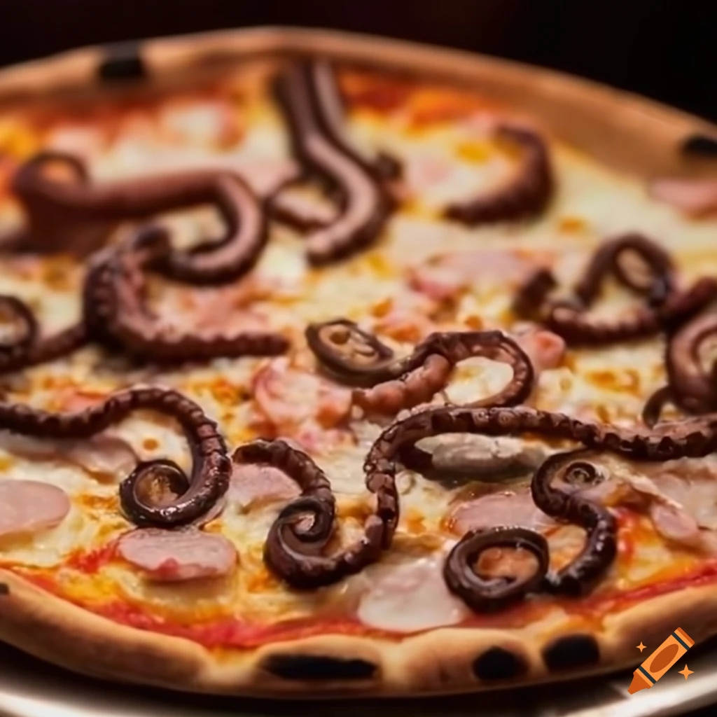 Close up of pizza topped with octopus tentacles in a restaurant setting ...