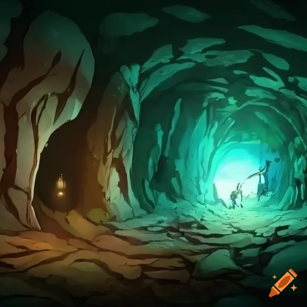 Underground mine cave floor in an anime battle background on Craiyon