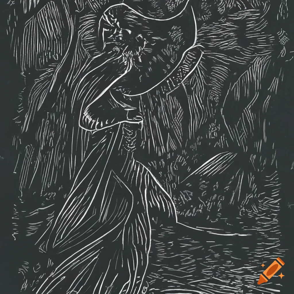 Eerie black and white linocut of a beautiful woman bog creature ...