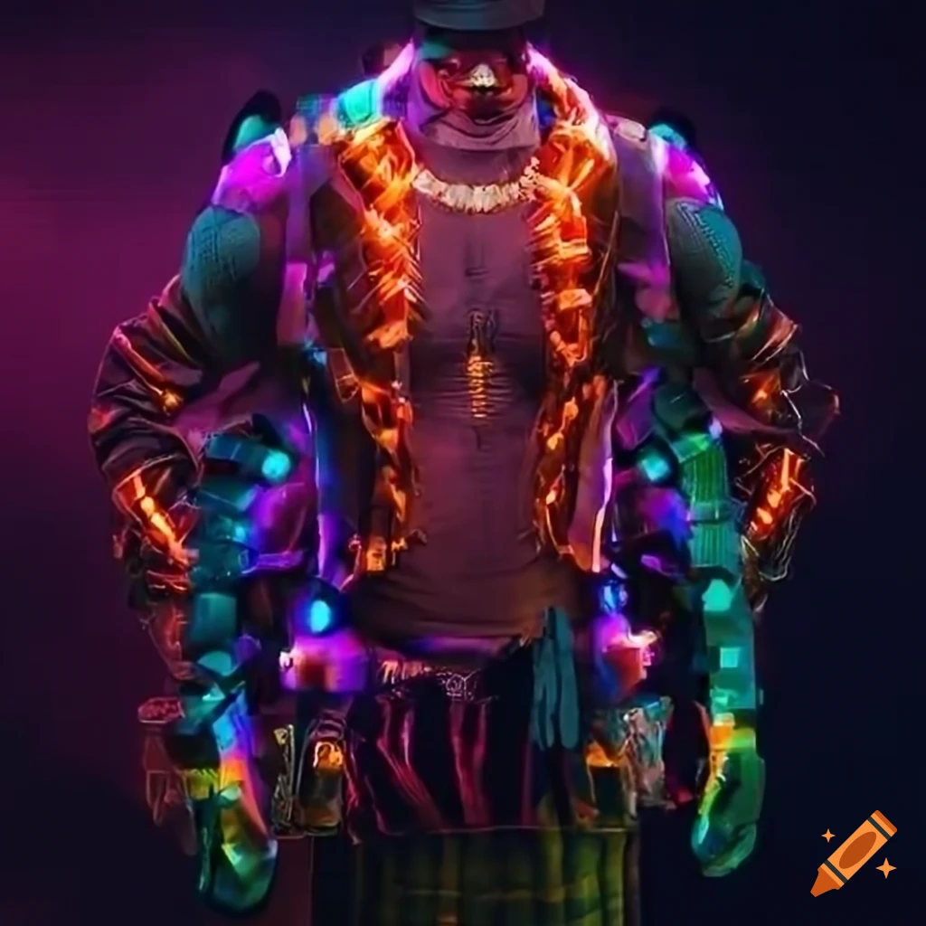 Indian-inspired tribal led cyberpunk rave outfit for a guy on Craiyon