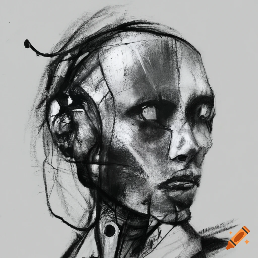 Metropolis robot portrait in loose charcoal sketch on Craiyon