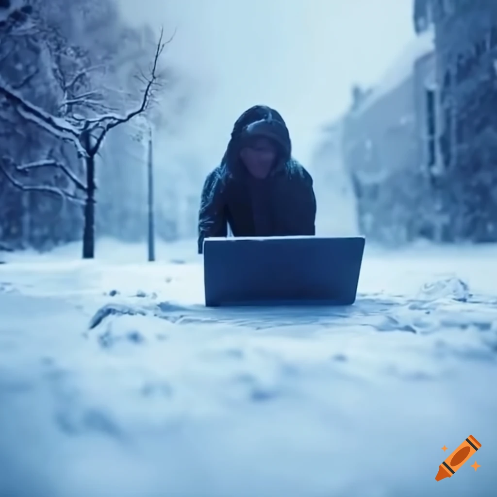 Person working on a laptop in a blizzard on Craiyon