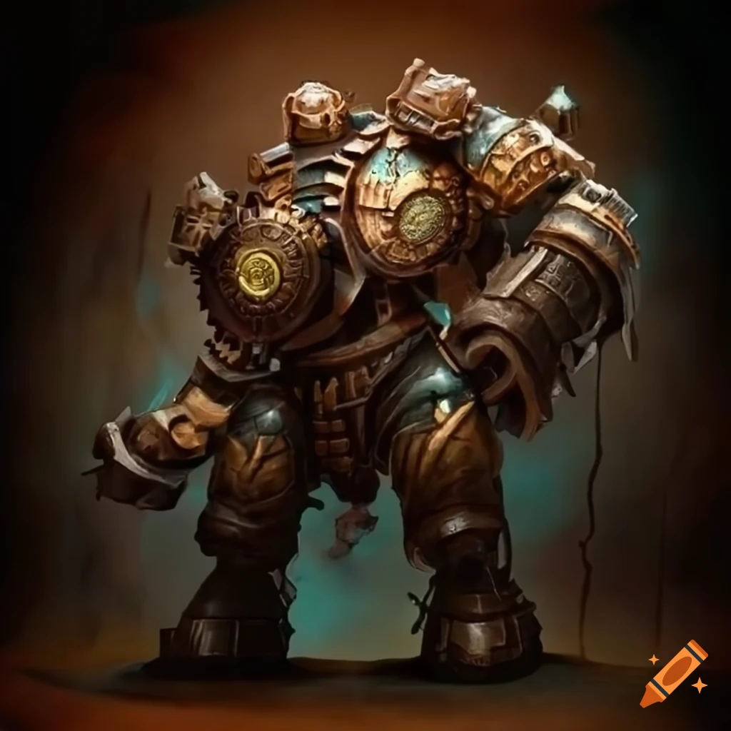 Ancient fantasy dungeon with a mechanical steampunk golem on Craiyon