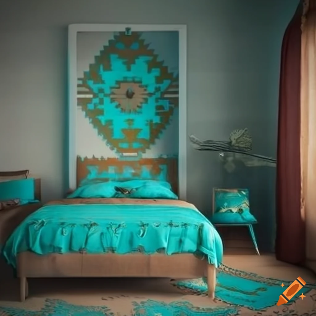 Turquoise southwestern inspired bedroom decor on Craiyon
