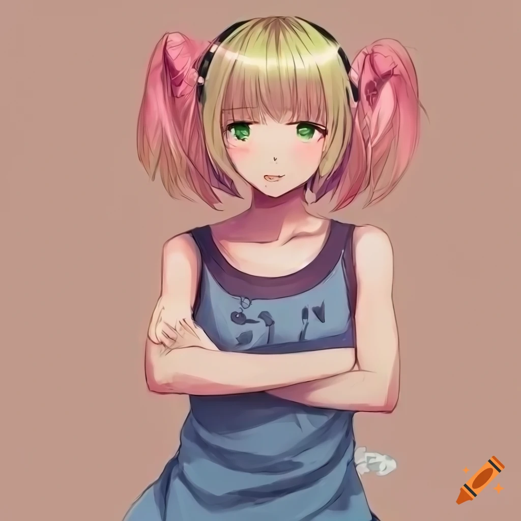 Anime Girl With Blonde Hair And Green Eyes In A Pink Sleeveless T Shirt With Arms Crossed On Craiyon