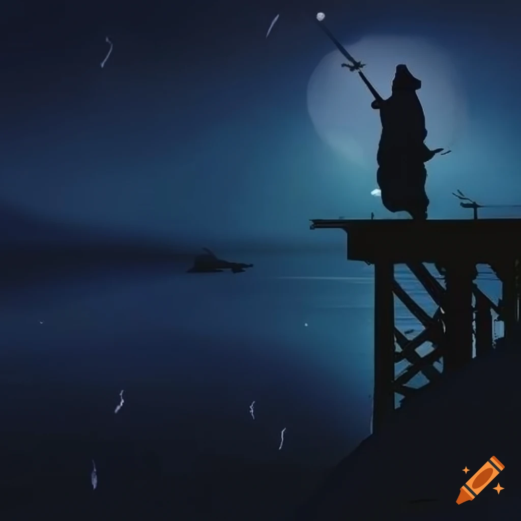 Manga-style fisherman with a fishing pole sitting on a pier under a ...