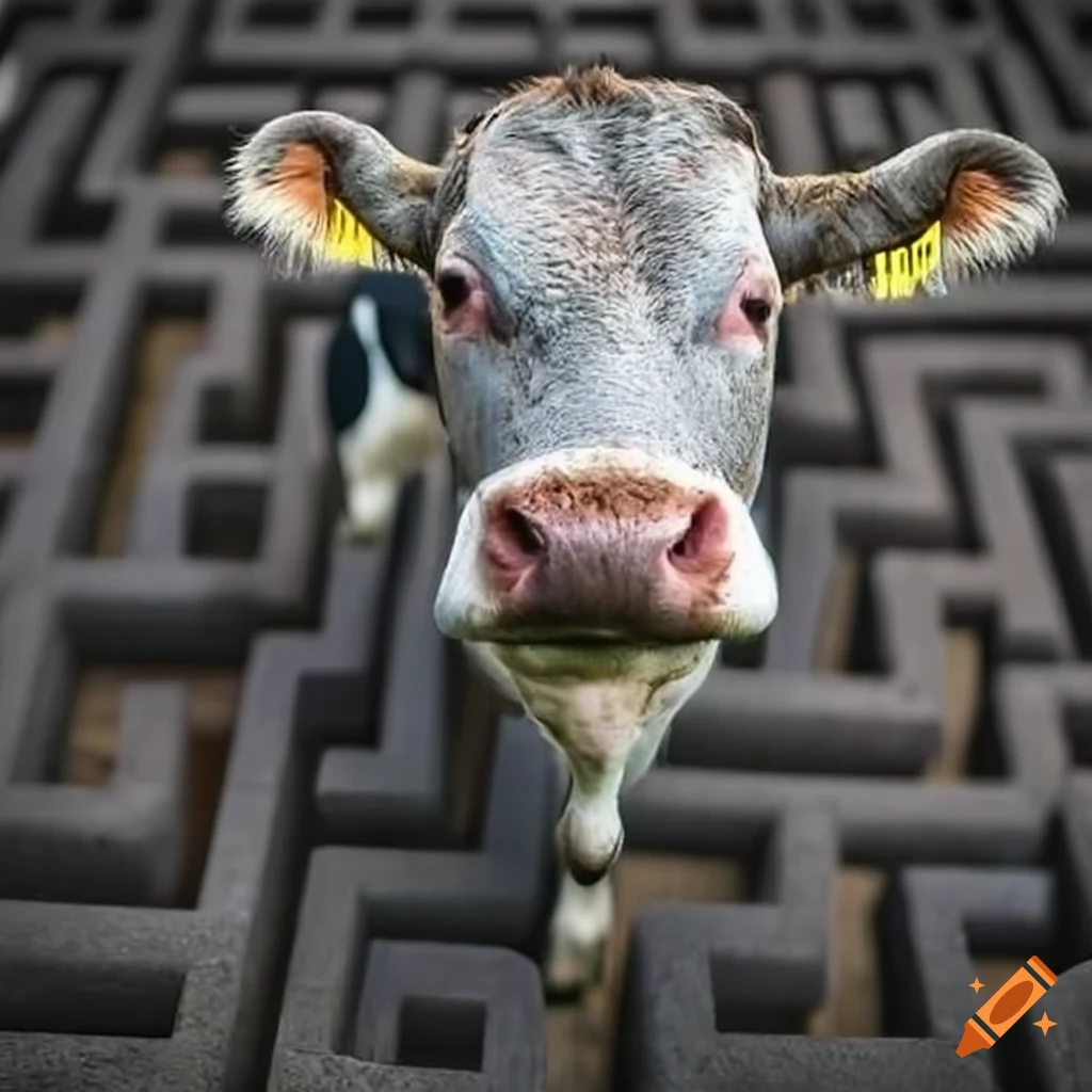 Cow navigating through a maze of iron gates on Craiyon