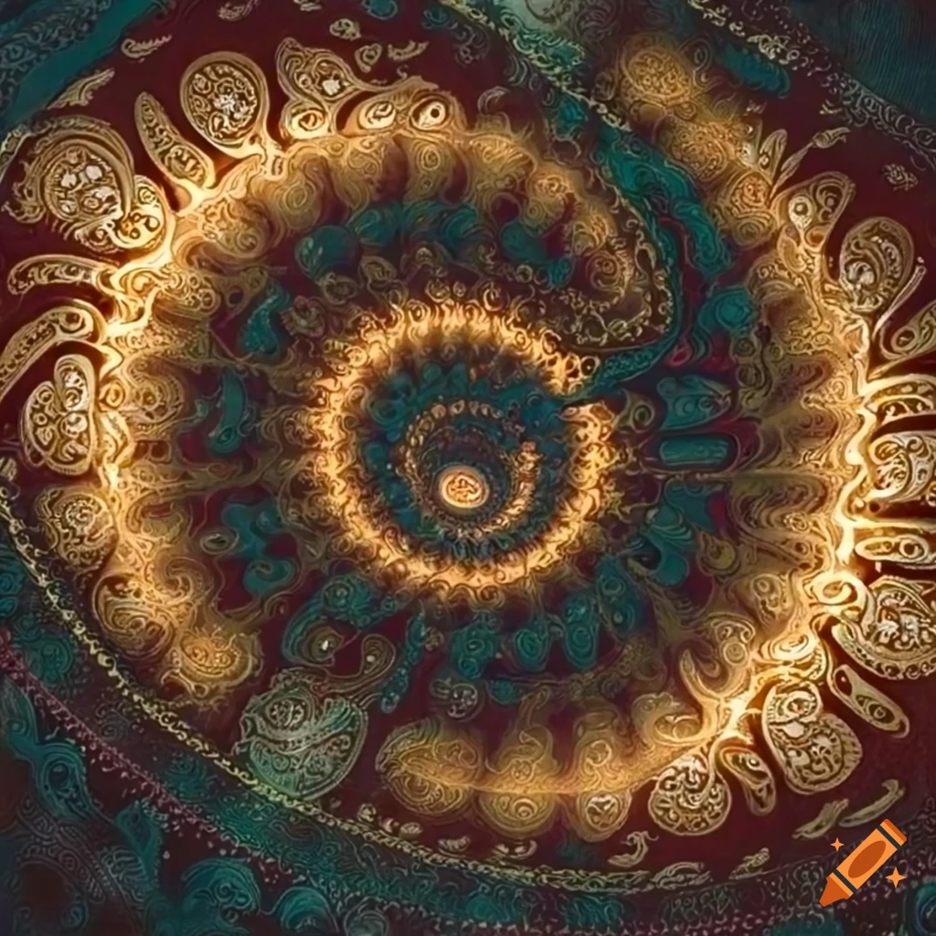 Infinite golden glowing spiral with honeycombed paisley patterns on Craiyon