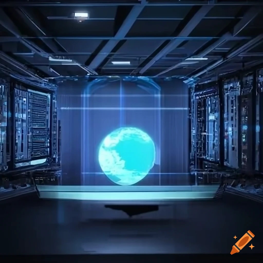 Futuristic AI in data center with holographic globe over a table on Craiyon