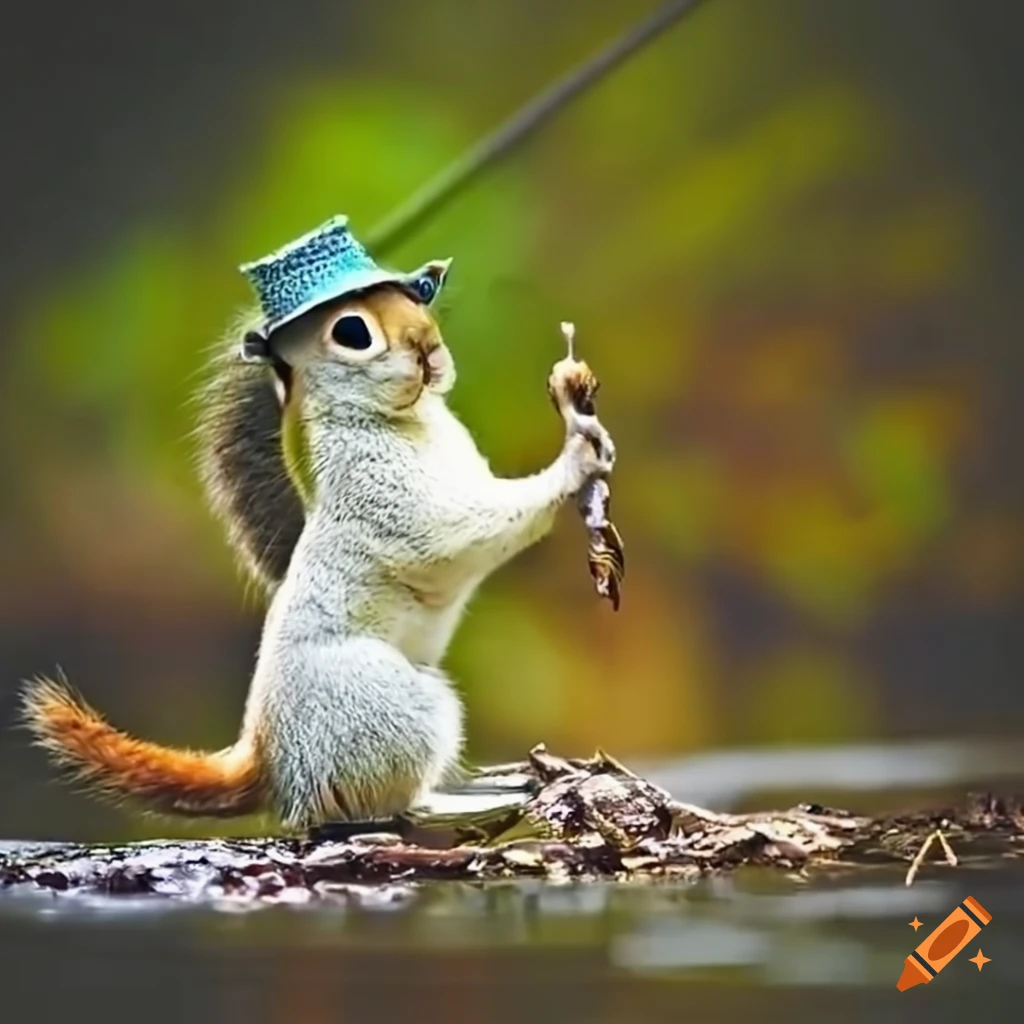 White squirrel in hat fly fishing in a river on Craiyon