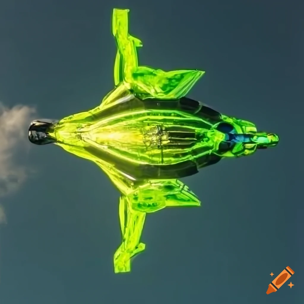 Green spaceship with wings, fins, and neon yellow details on Craiyon