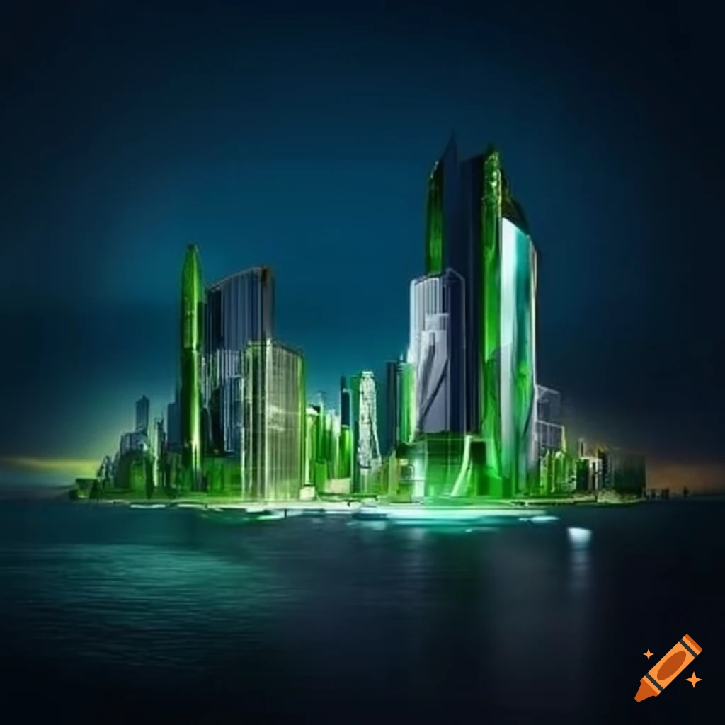 Vibrant cityscape with futuristic green architecture on Craiyon