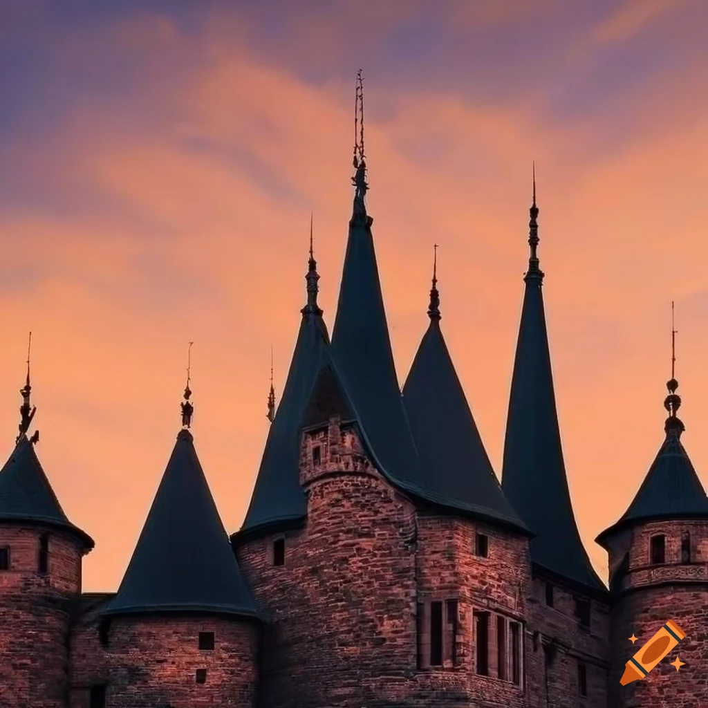 Copper castle walls and black buildings under a sunset backdrop on Craiyon