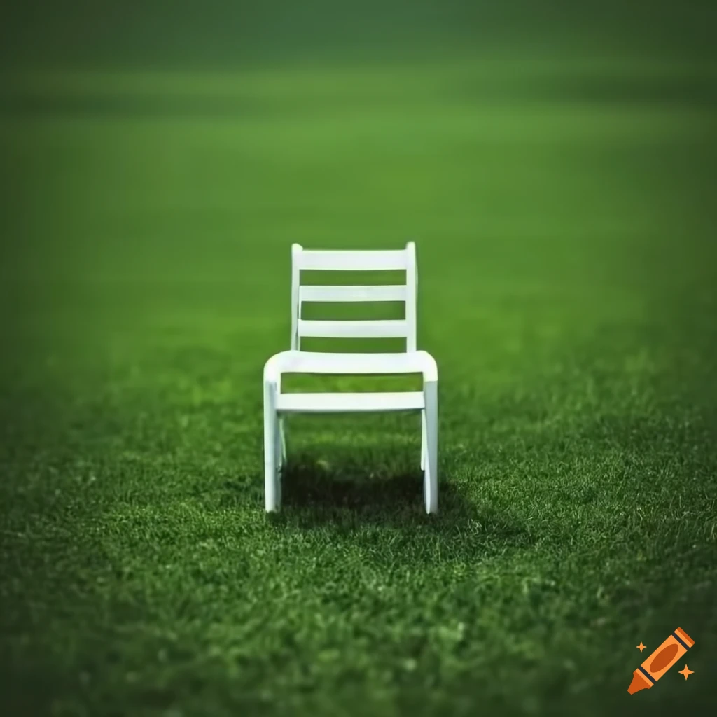 Green grassy field with a white lawn chair in the center on Craiyon