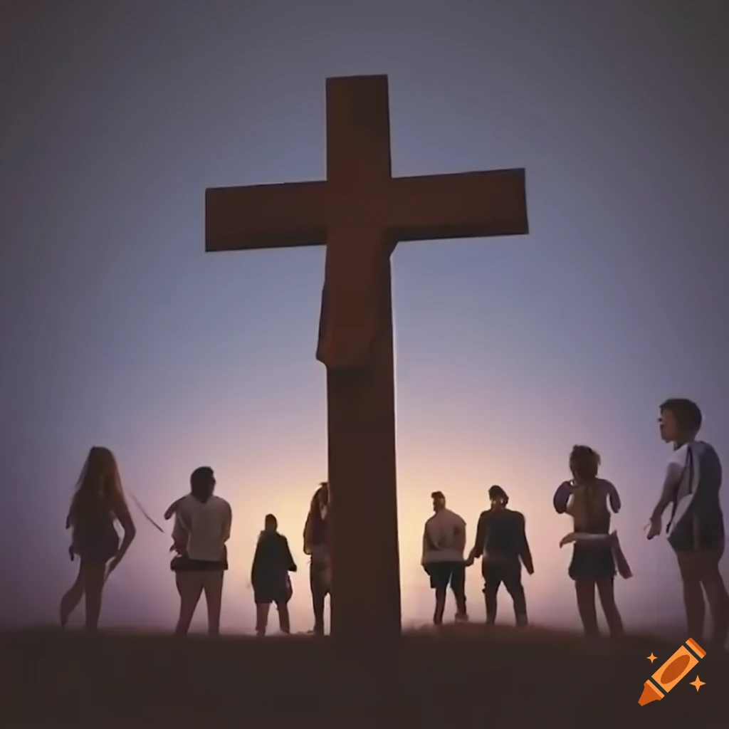 Young adults holding hands around a cross during a peaceful gathering ...