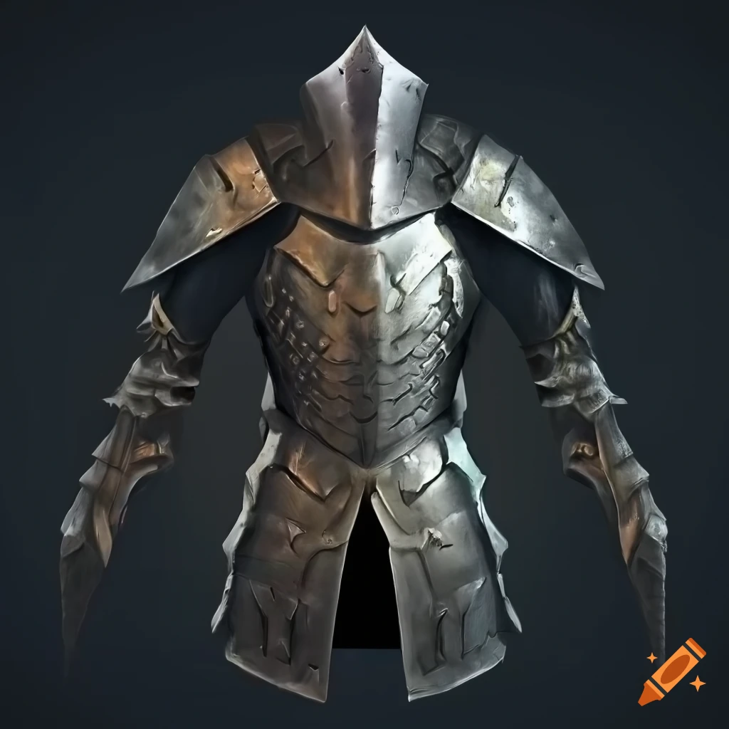 Shiny magic fantasy master armor made of steel, front view on Craiyon
