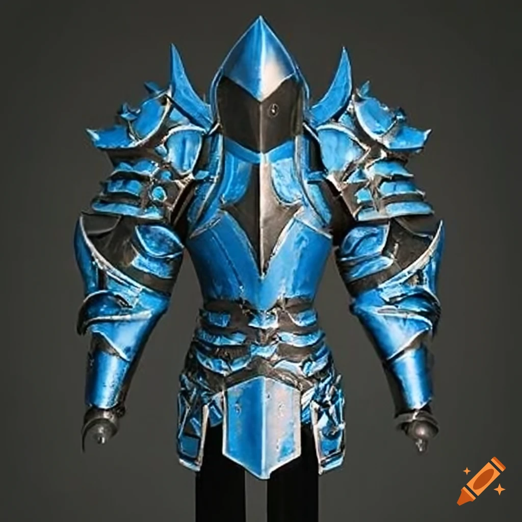 Mythic fantasy azure gothic steel armor in front view with equal ...