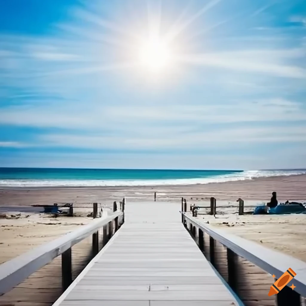 Beach promenade with white wooden walkways on Craiyon