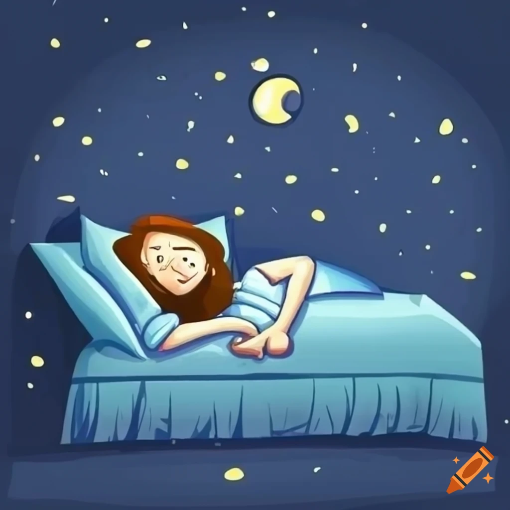 Cartoon of person awake in bed at night on Craiyon