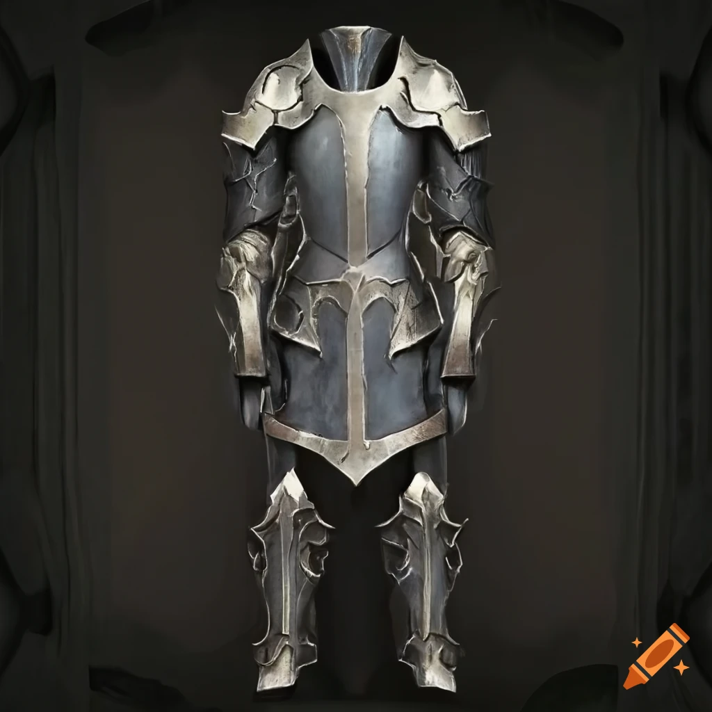 Shiny magic fantasy master armor made of steel in a symmetrical front ...