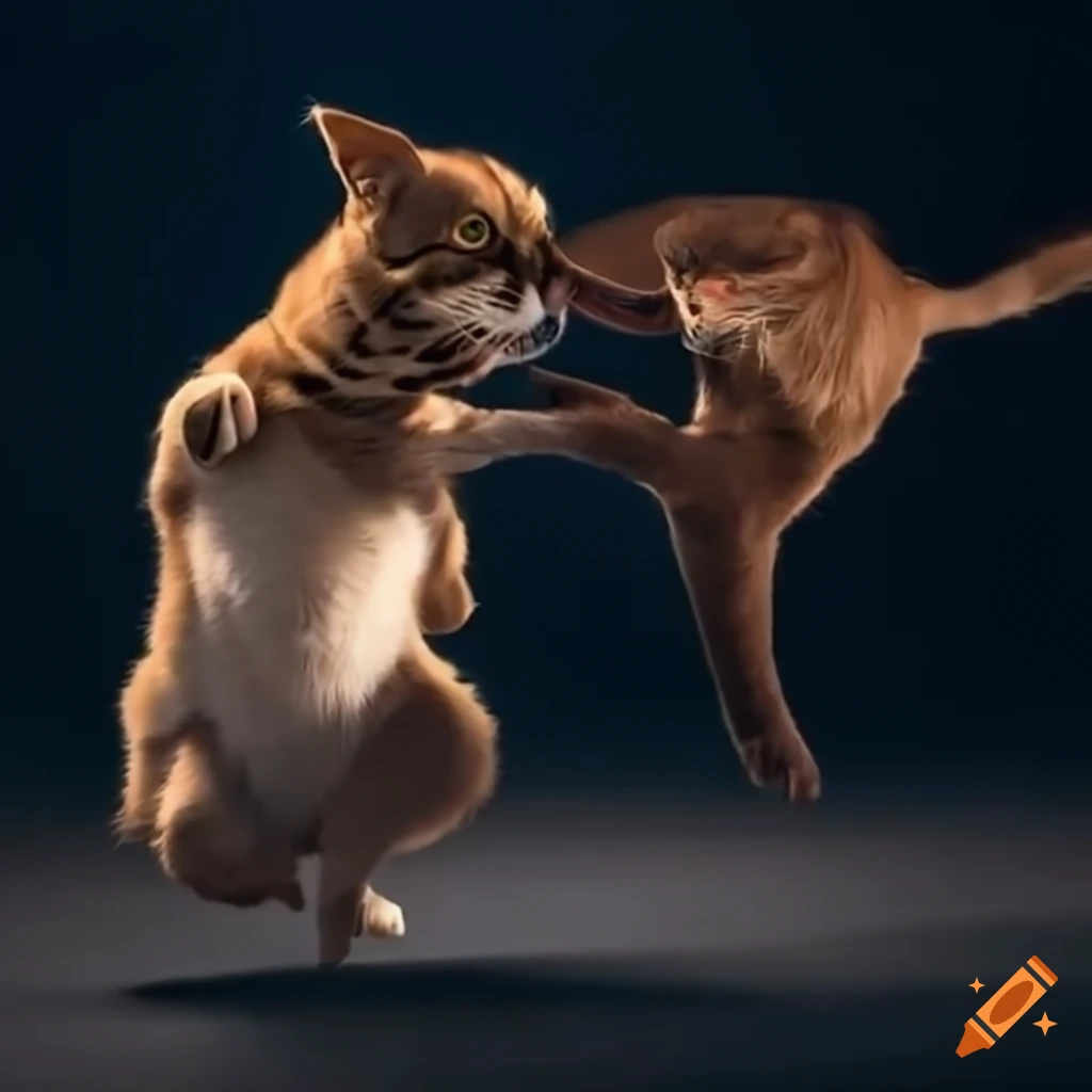 Playful cat and dog engaged in faux martial arts combat on Craiyon