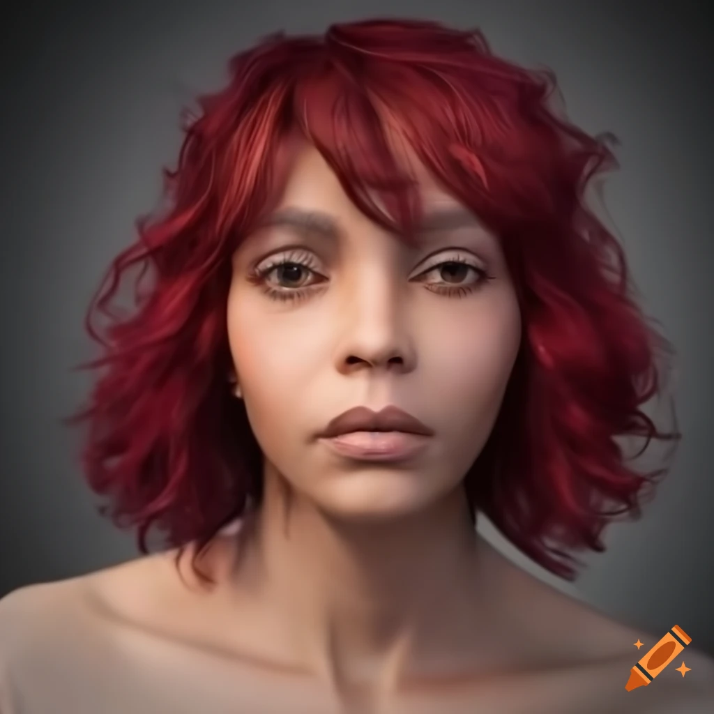 Portrait of a humanoid alien woman with maroon curly hair and arabic ...