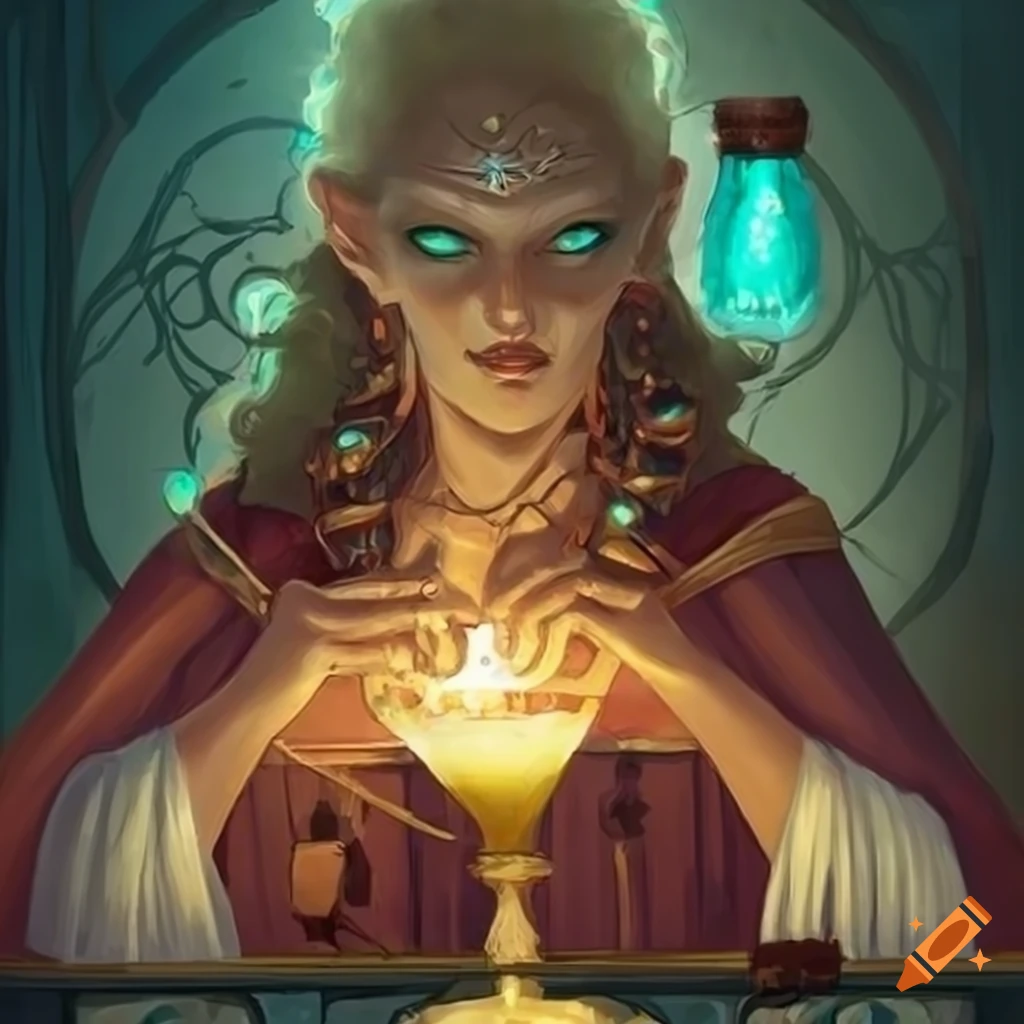 Alchemist searching for a divine elixir in a fantasy art style on Craiyon