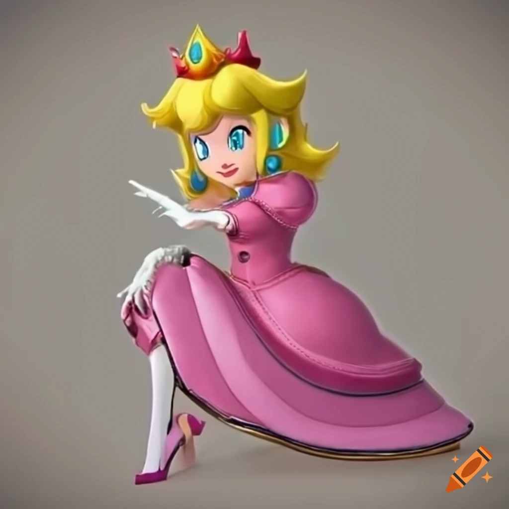 Link dressed as Princess Peach trying on elegant high heels in a shoe ...
