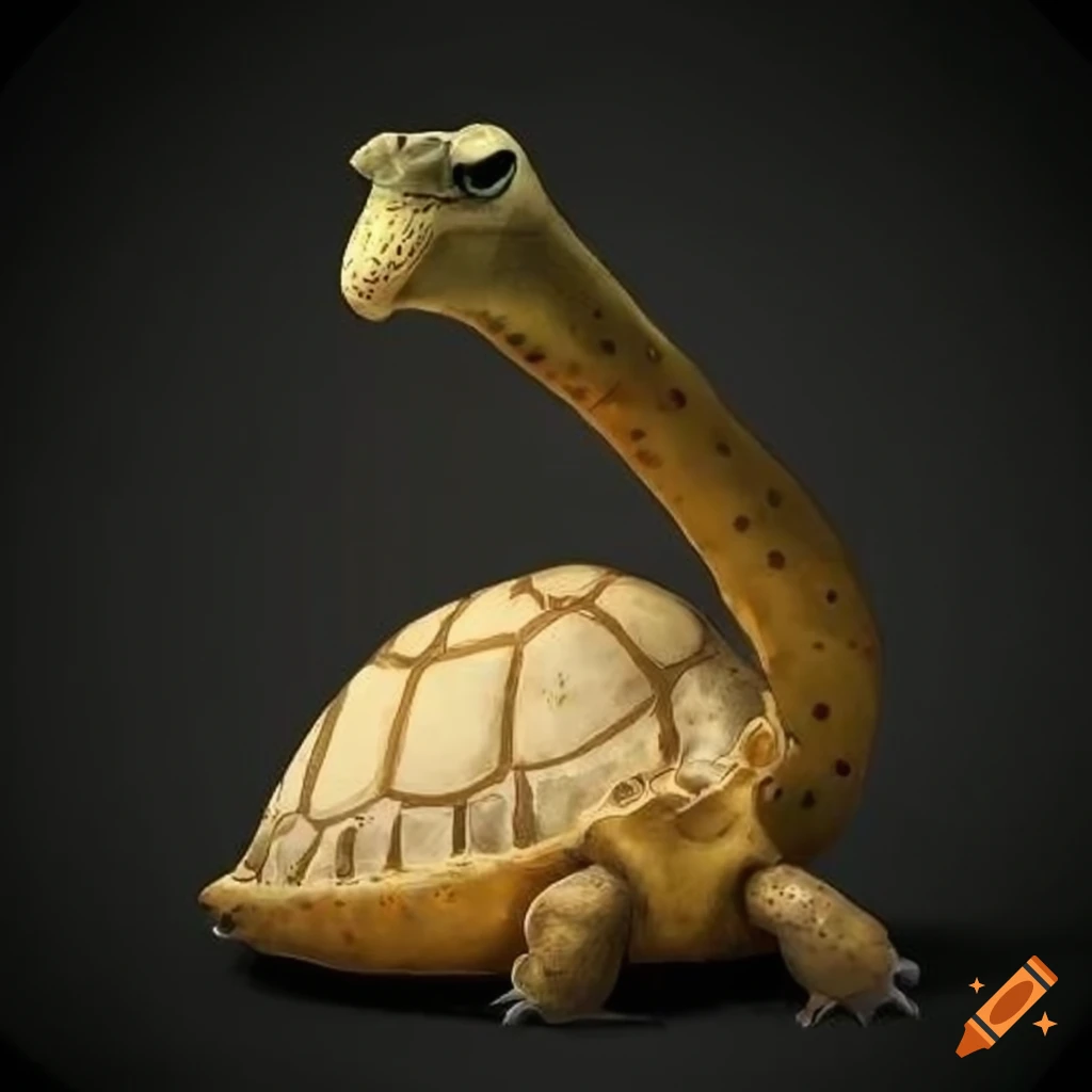 Whimsical cartoon creature with turtle body, giraffe-like neck, penguin ...