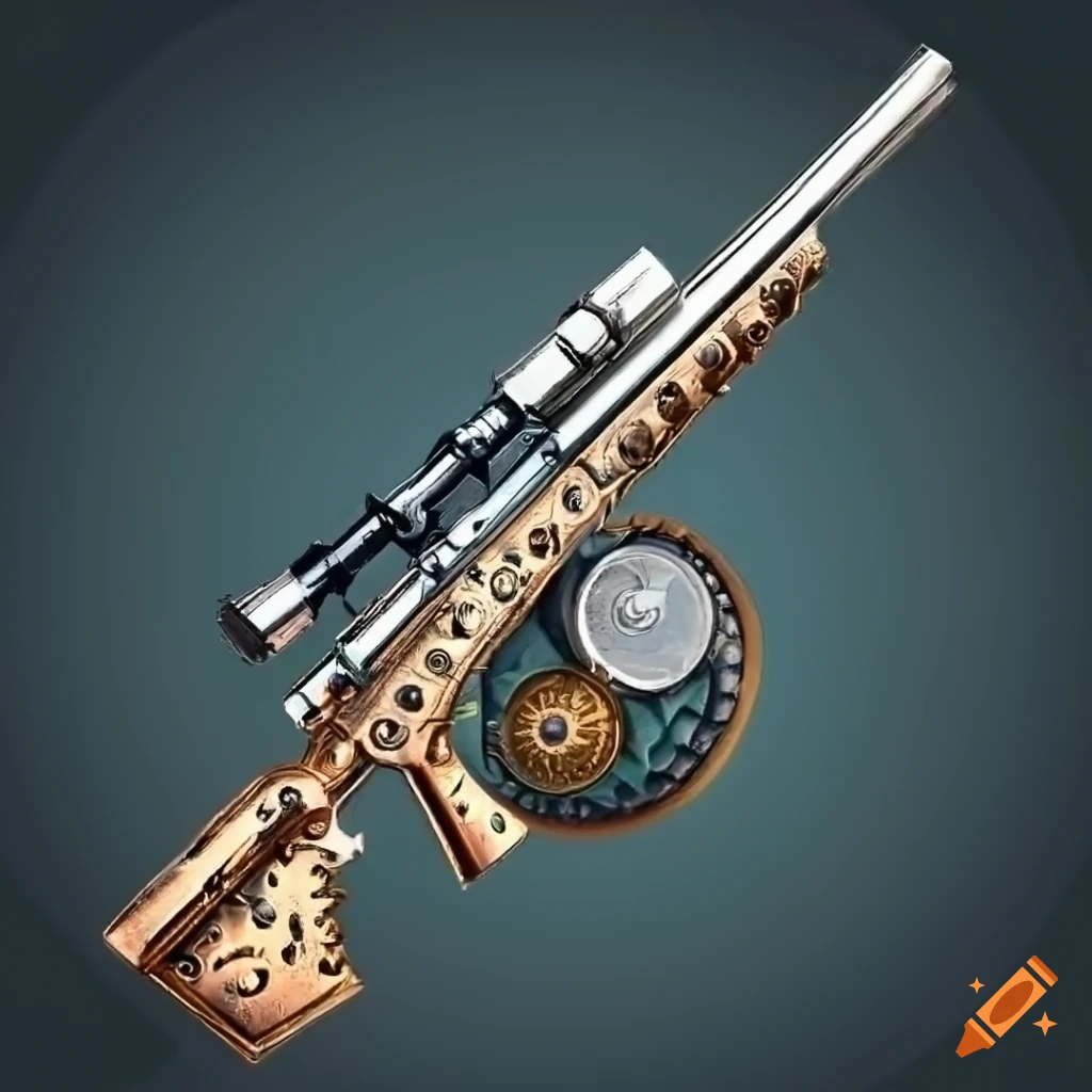 Elegant and ornate chrome sniper rifle in steampunk style with ...