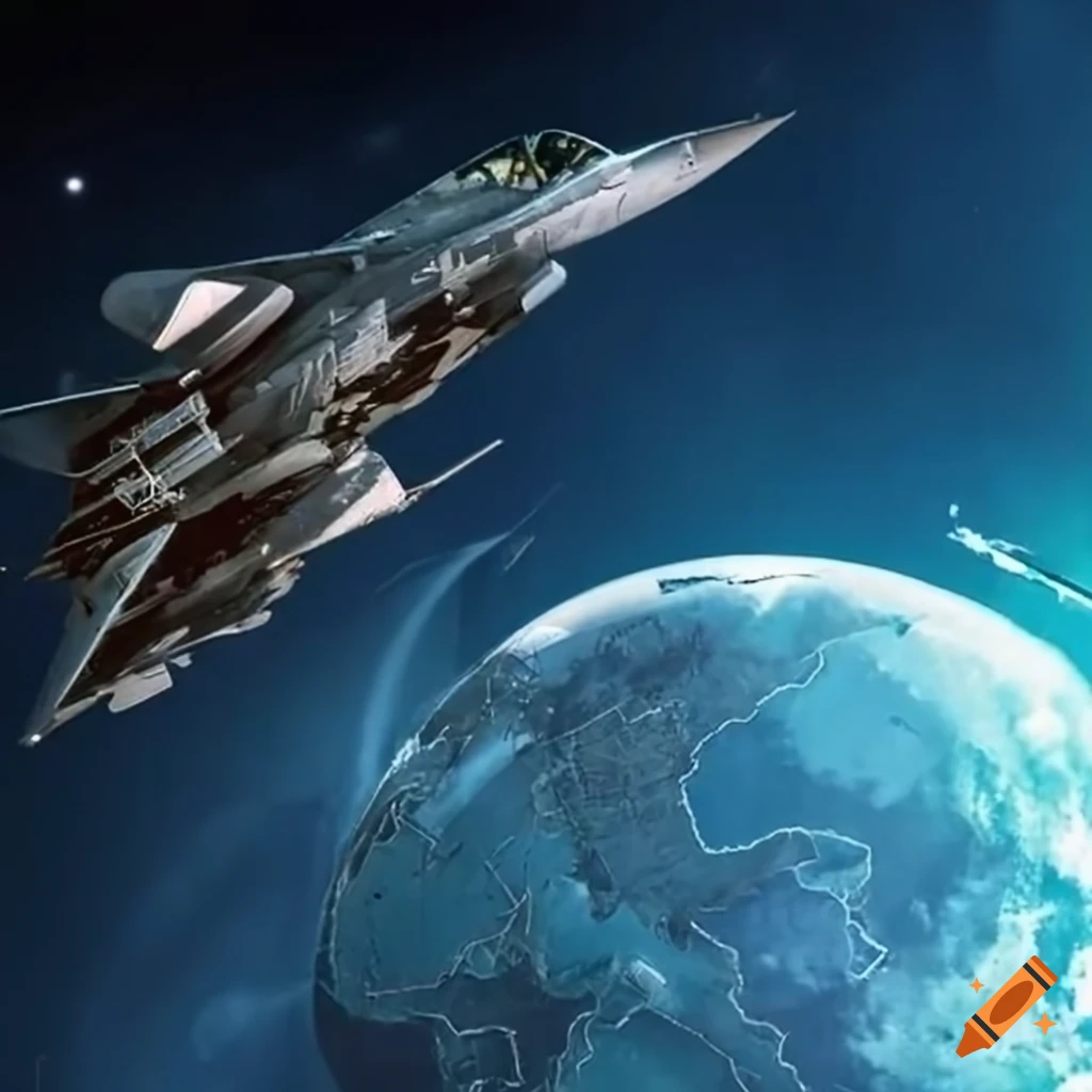 Fighter jet communicating with control tower through satellite in enemy ...