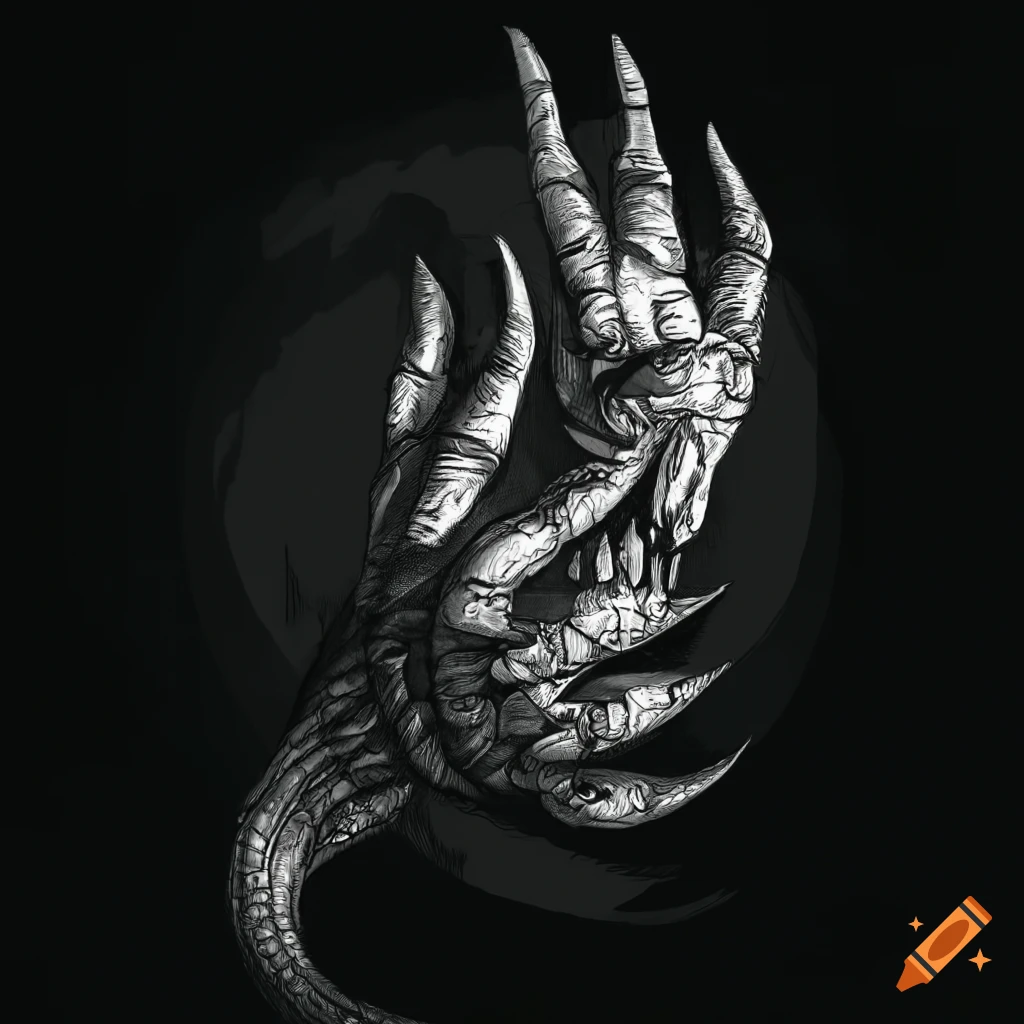 Black and white drawing of a dragon's hand with sharp claws emerging ...